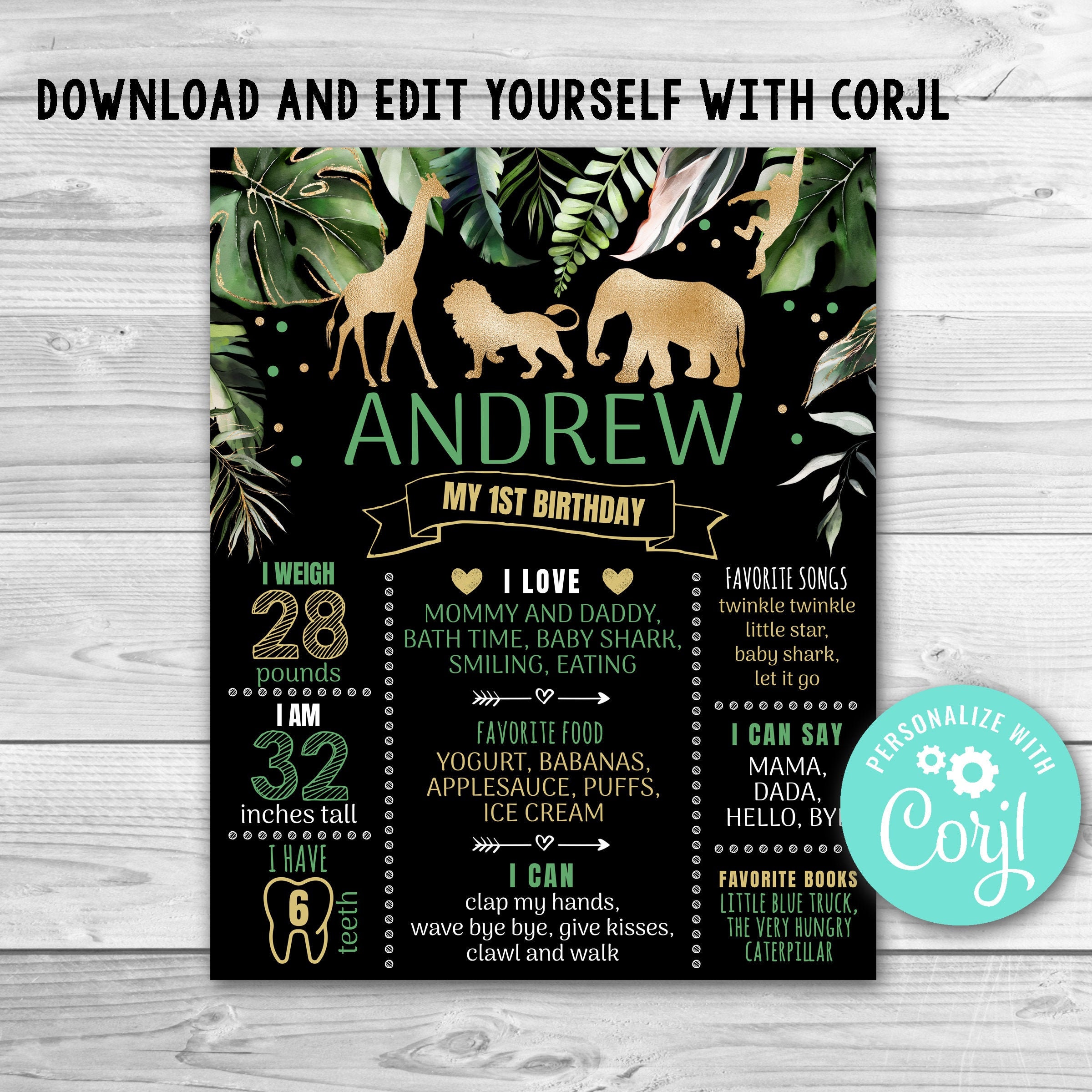 Editable Jungle Gold Milestone Birthday Poster Chalk Safari - Etsy