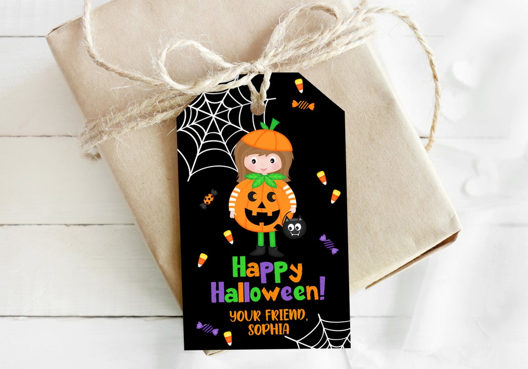 EDITABLE Halloween Treat Tags, Halloween Pumpkin Girl Favor Tags ...