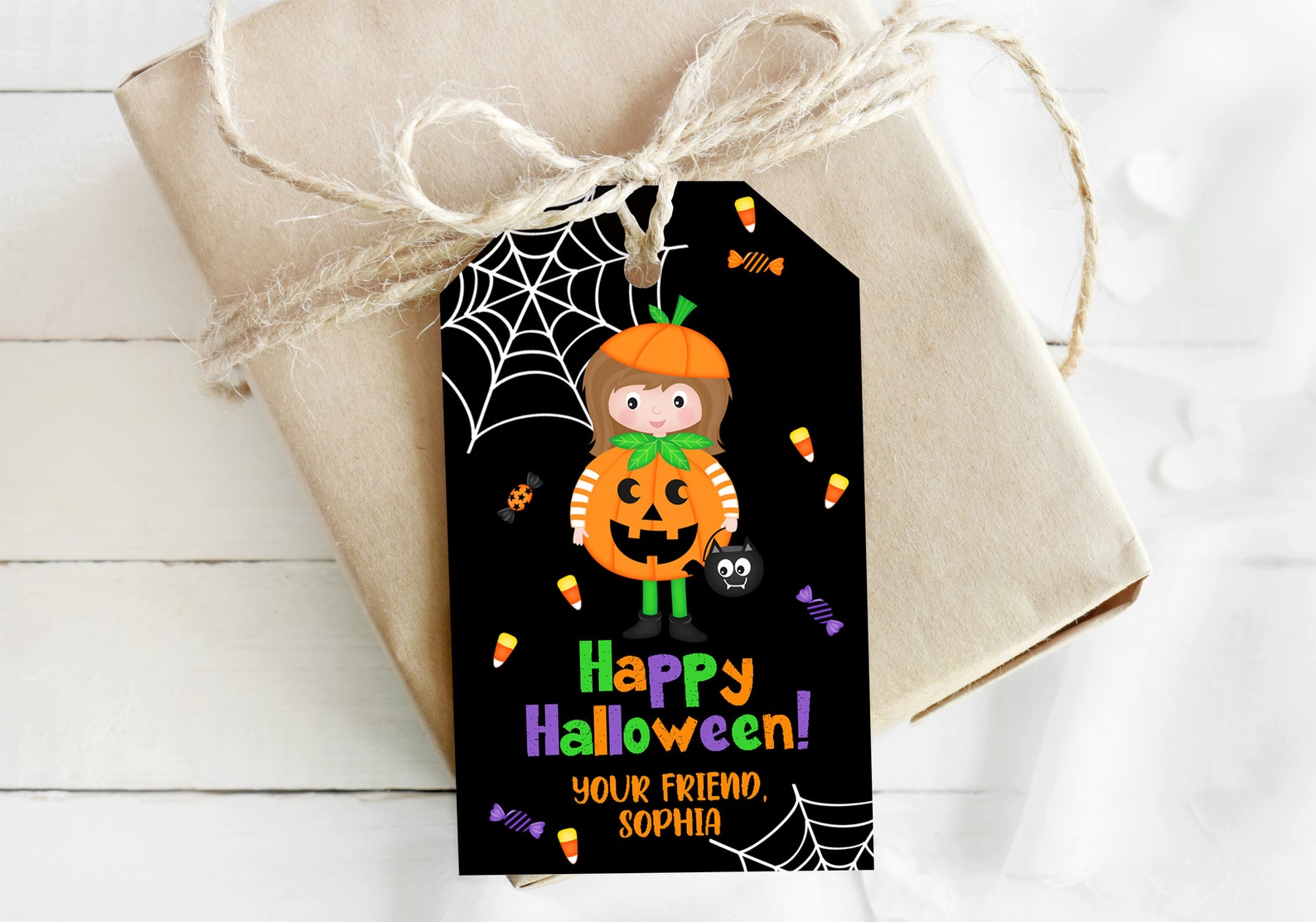 EDITABLE Halloween Treat Tags, Halloween Pumpkin Girl Favor Tags ...
