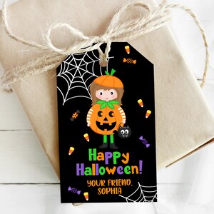 EDITABLE Halloween Treat Tags, Halloween Pumpkin Girl Favor Tags ...