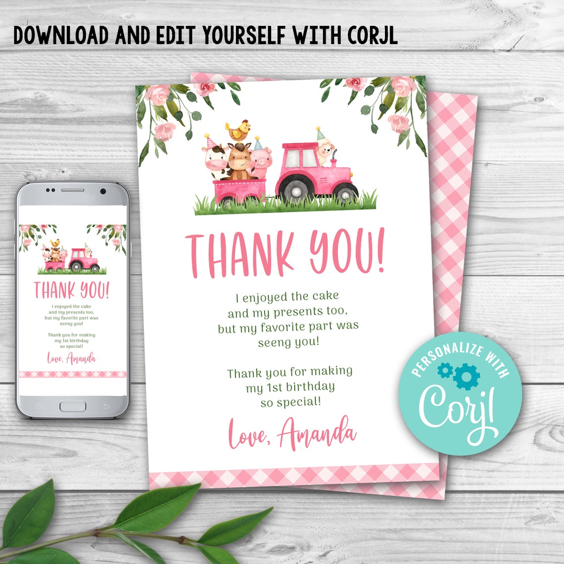 Editable Farm Thank You Card, Pink Farm Birthday Party Thank You, Farm ...