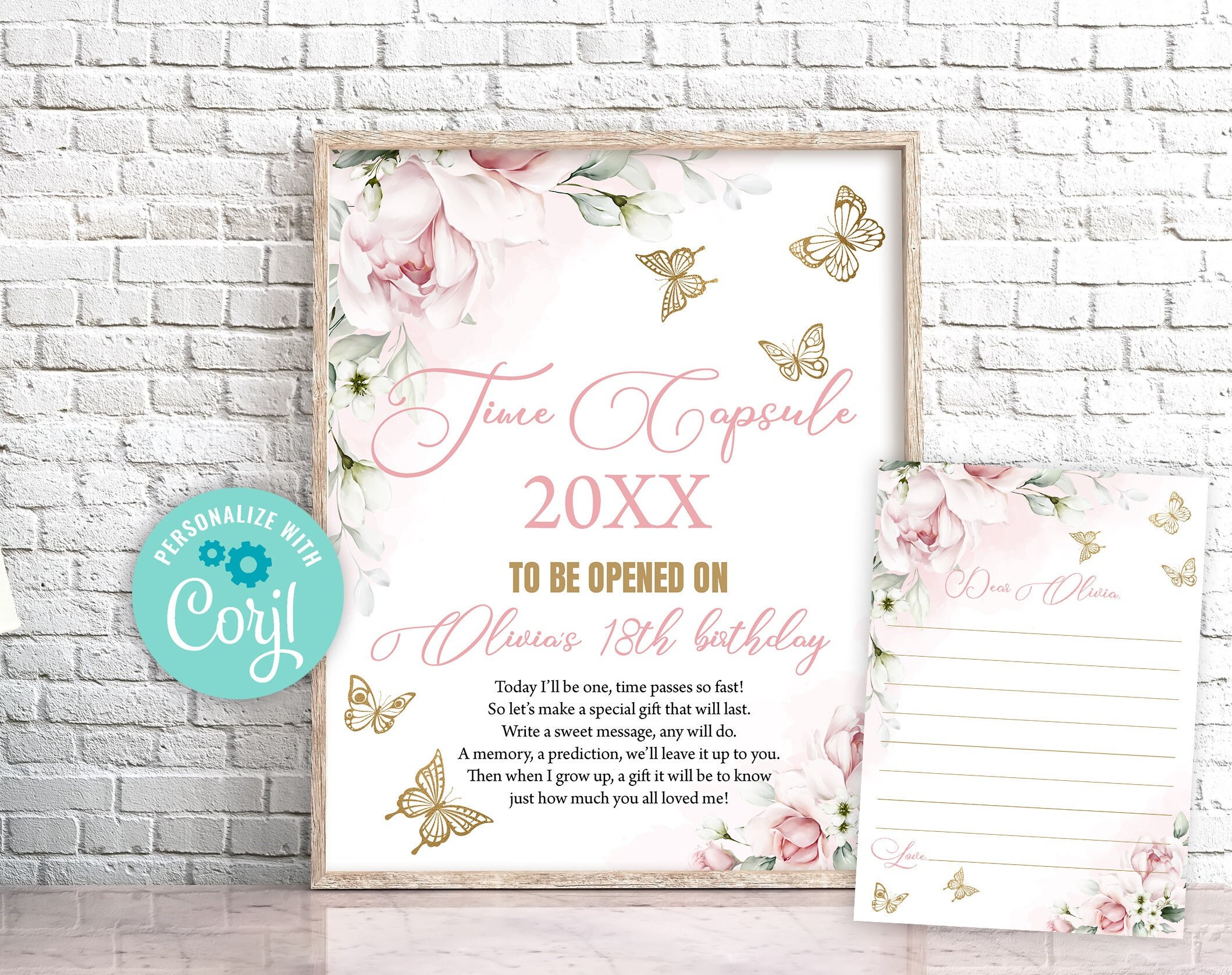 Editable Butterfly Birthday Time Capsule Pink and Gold Floral Butterfly ...
