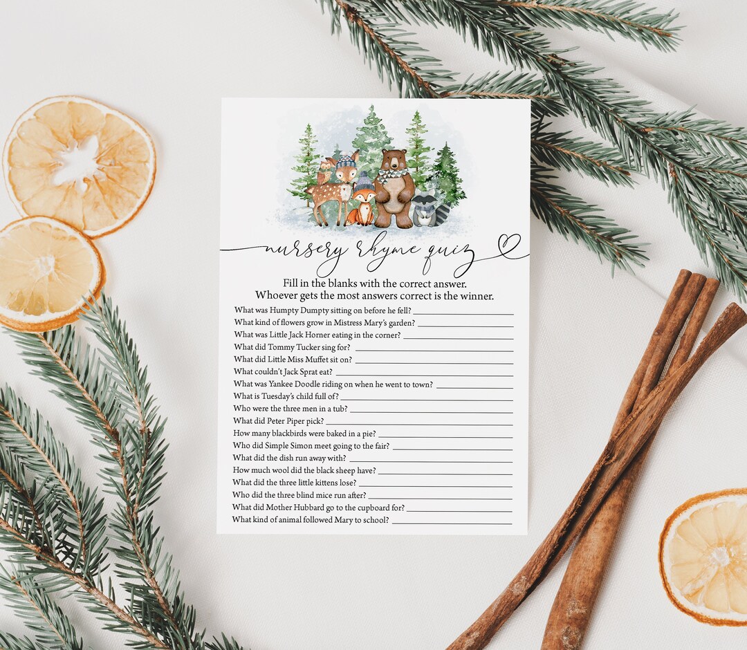 Winter Woodland Animals Nursery Rhyme Quiz Baby Shower Game Winter ...