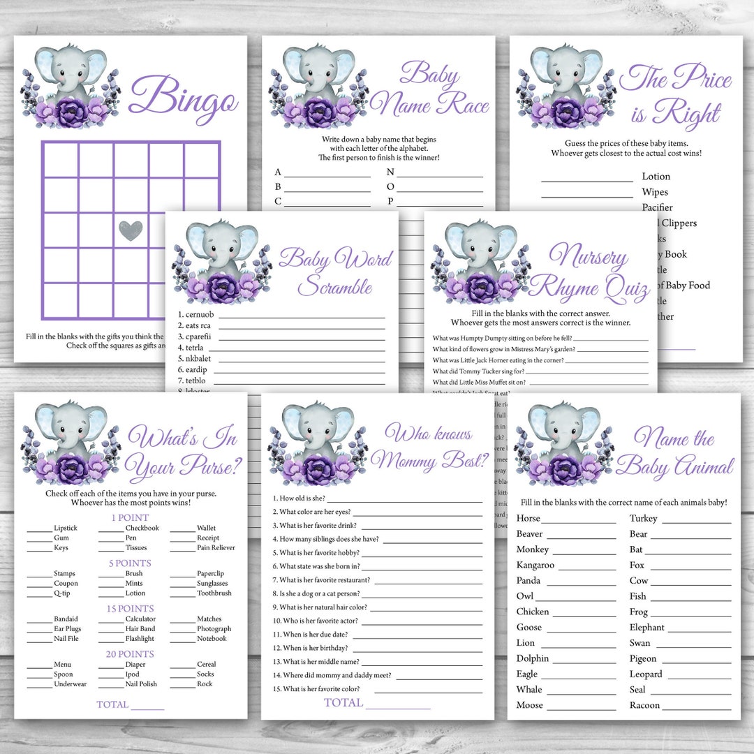 Blue Elephant Baby Shower Game Package, 8 Printable Elephant Baby ...