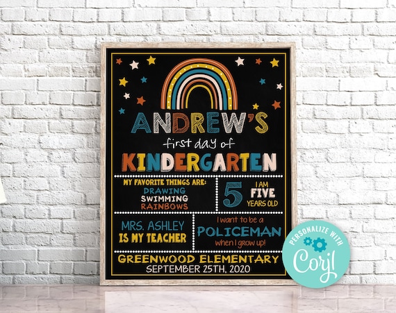 Editable First Day of Kindergarten Sign Boho Rainbow First | Etsy