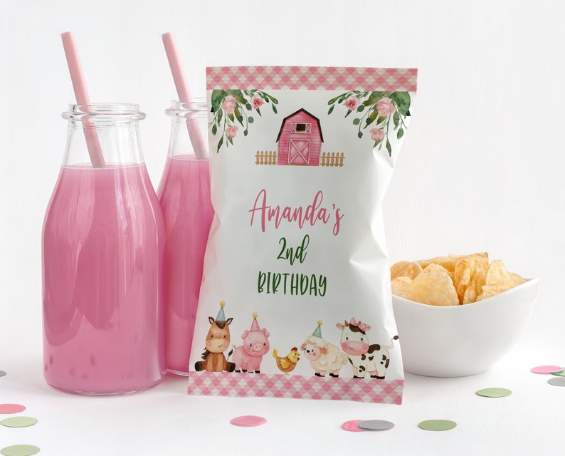EDITABLE Pink Farm Chip Bag Wrapper Labels Farm Animals Chip Party ...