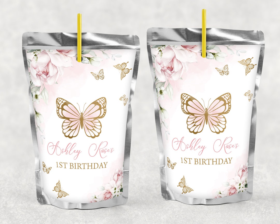 EDITABLE Butterfly Juice Labels Pink Gold Butterfly Juice Pouch Labels ...