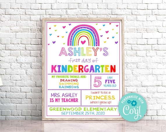 Editable First Day of Kindergarten Sign Rainbow First Day of - Etsy