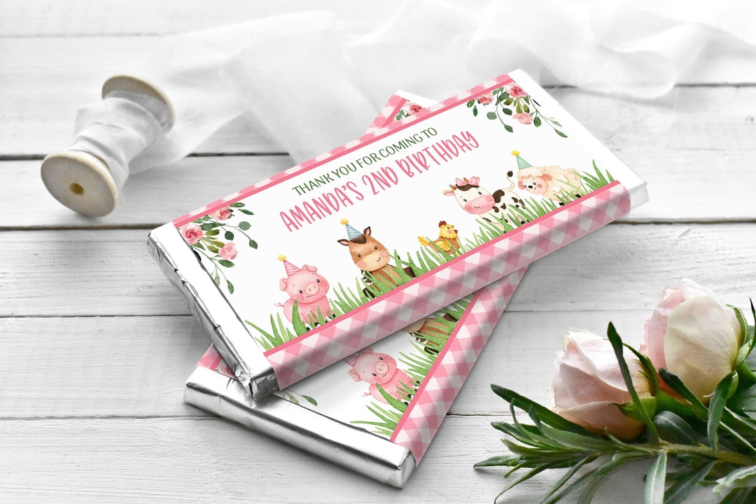 EDITABLE Farm Animals Chocolate Bar Wrapper Pink Farm Birthday Candy ...