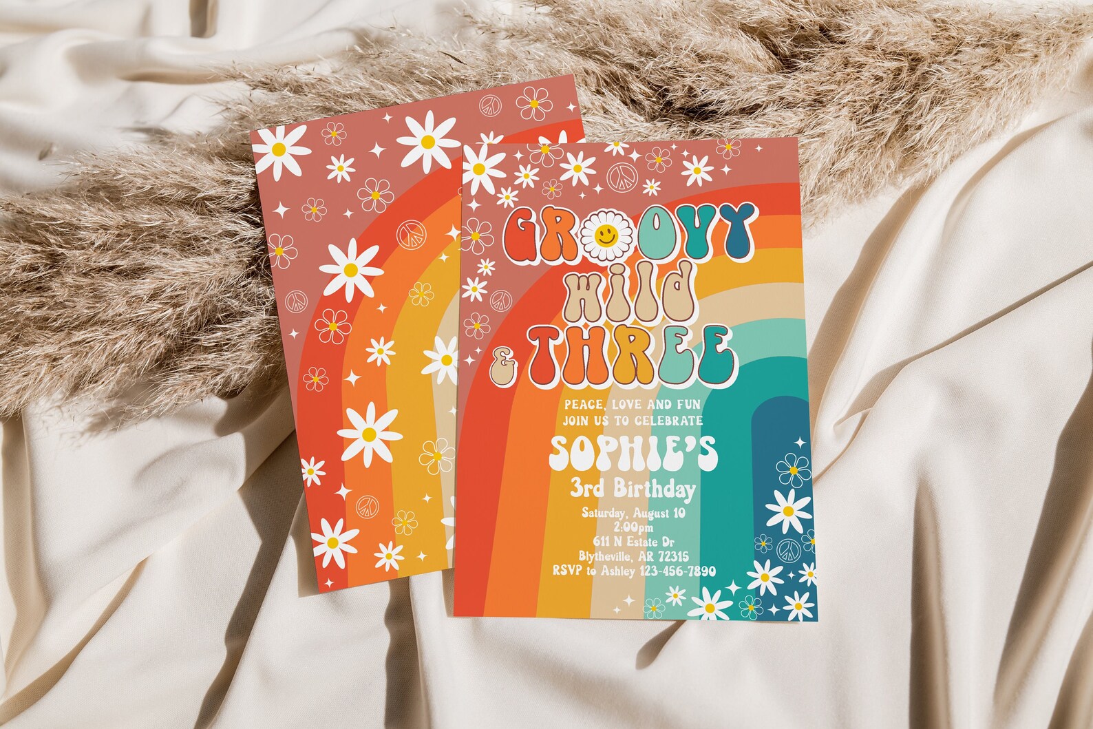 Editable Groovy Wild & Three Birthday Party Invitation Daisy | Etsy