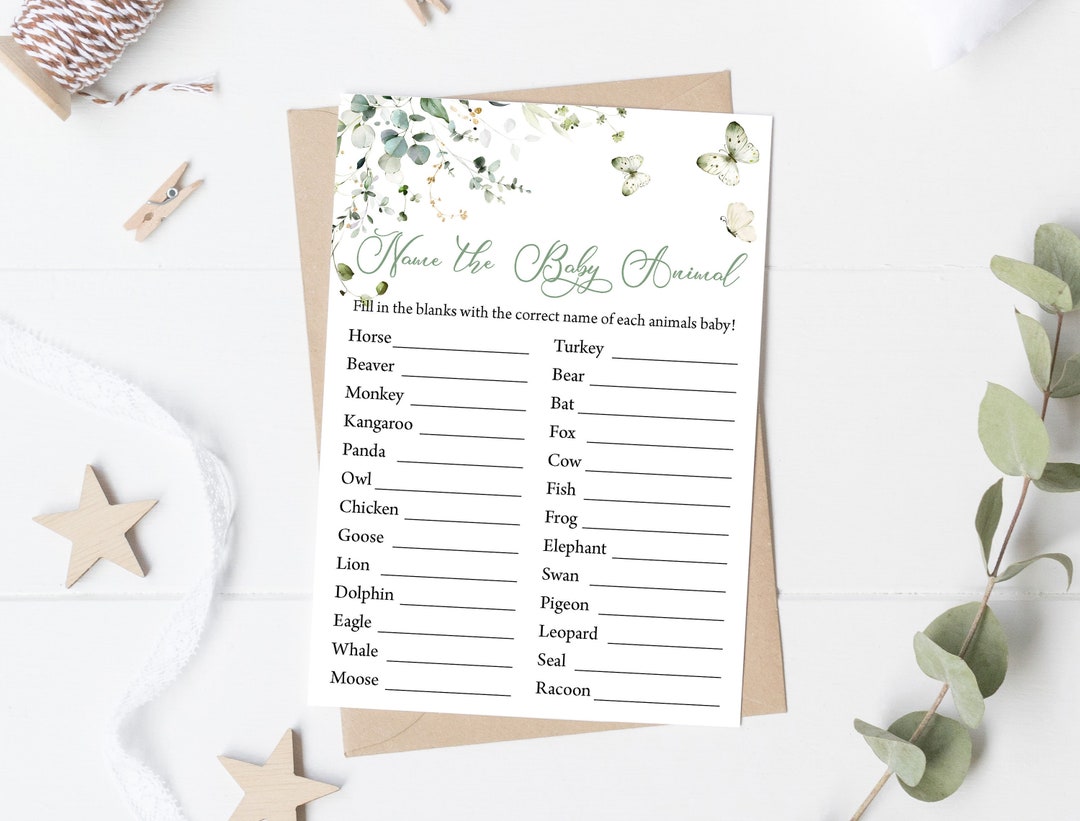 Sage Green Butterfly Name the Baby Animal Baby Shower Game Greenery ...