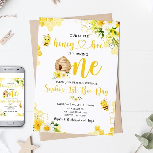 Editable First Bee Birthday Invitation First Bee Day Party - Etsy UK