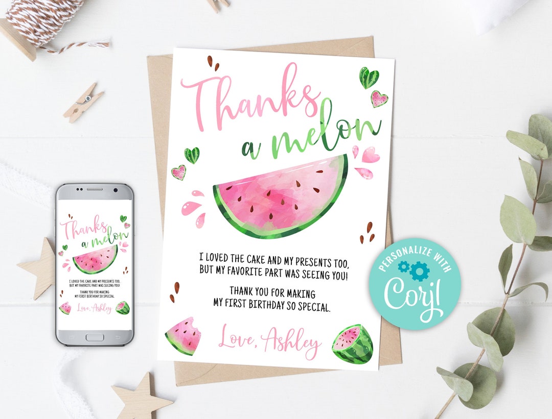 Editable Watermelon Thank You Card, Thanks a Melon Thank You Card, One ...