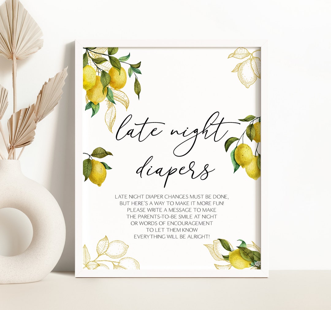 Lemon Late Night Diapers Baby Shower Sign Citrus Baby Shower Decor ...