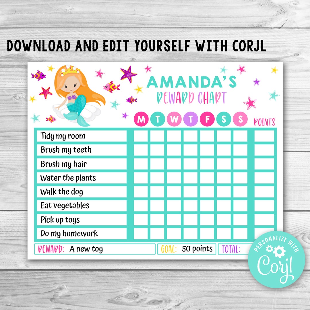 Editable Mermaid Reward Chart for Kids, Mermaid Routine Chart, Mermaid ...
