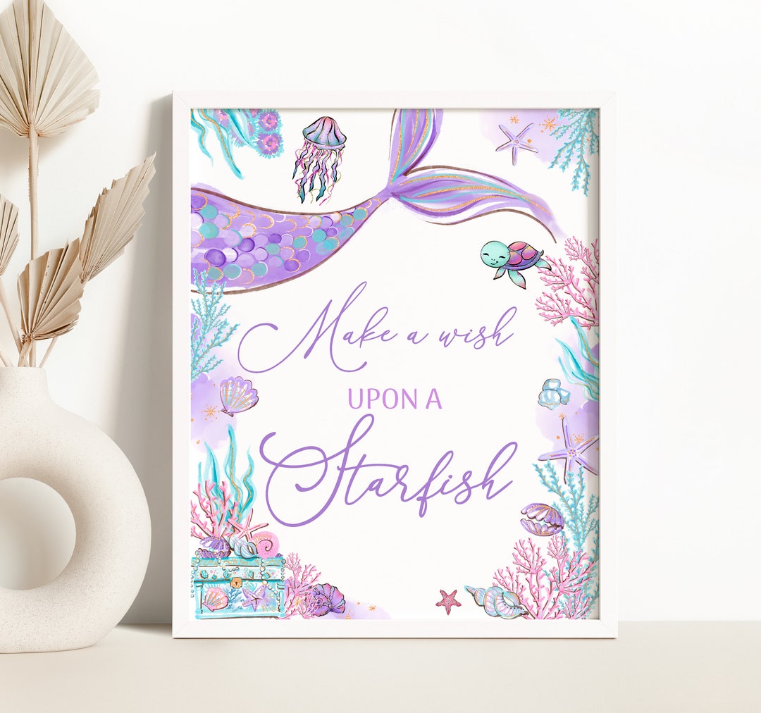 Mermaids Make a Wish Upon A Starfish Sign Purple Mermaid Birthday Party ...