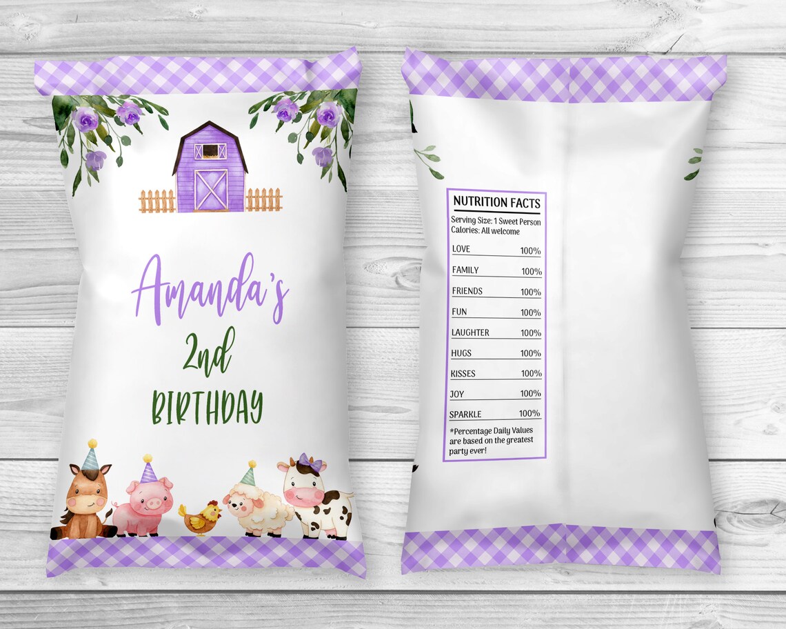 EDITABLE Purple Farm Chip Bag Wrapper Labels Farm Animals Chip Party ...