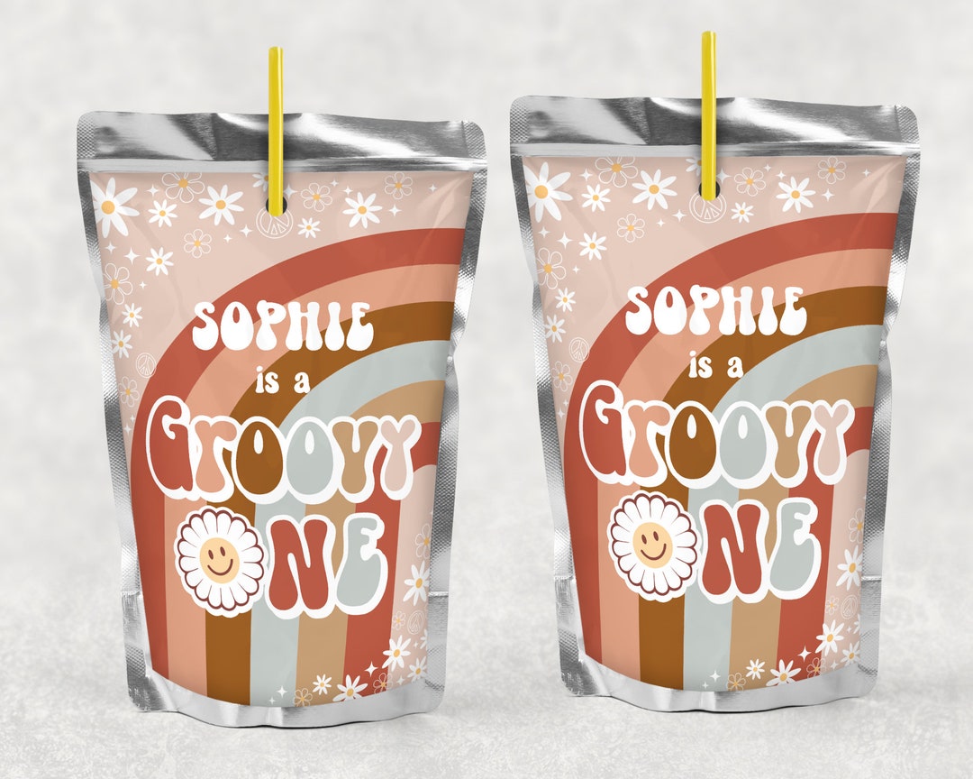 EDITABLE Groovy One Juice Labels Rainbow Peace Love Party Juice Pouch ...