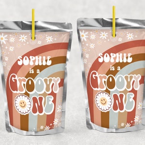 EDITABLE Groovy One Juice Labels Rainbow Peace Love Party Juice Pouch ...