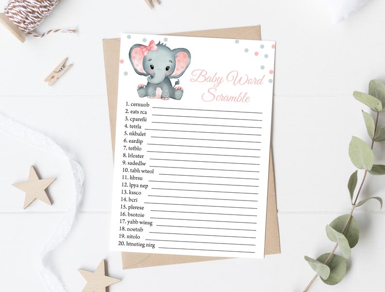 Pink Elephant Word Scramble Baby Shower Game Girl Elephant - Etsy
