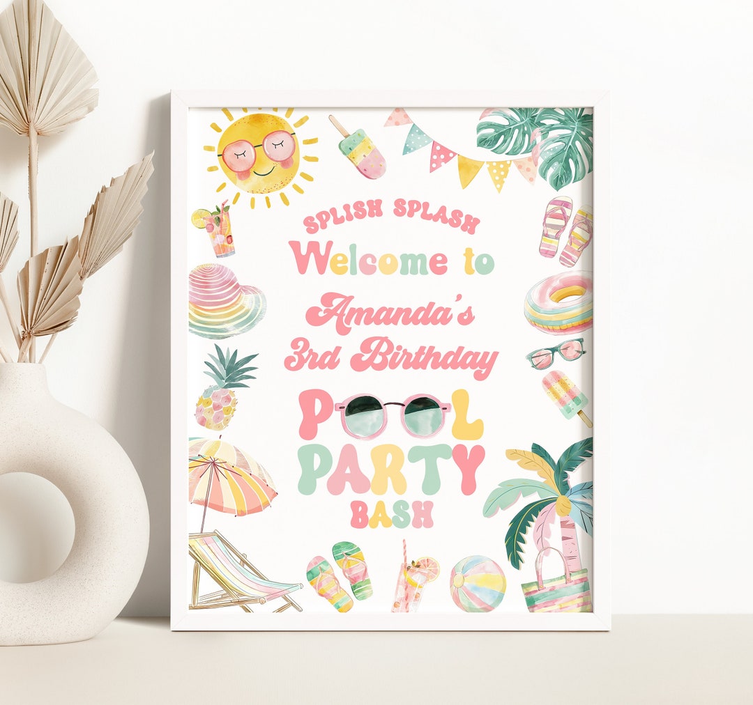 Editable Pool Party Welcome Sign Girl Summer Party Welcome Tropical ...