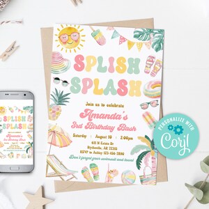 Editable Splish Splash Birthday Invitation Pool Party Birthday ...