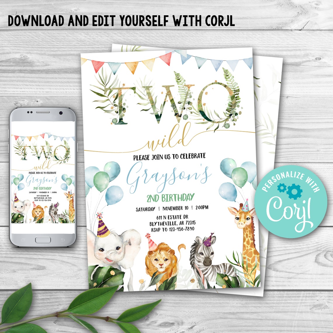 EDITABLE Safari Party Invitation Jungle Two WILD Animal - Etsy