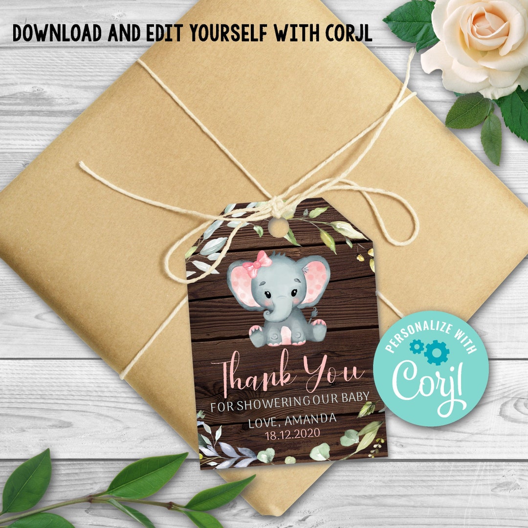EDITABLE Elephant Baby Shower Favor Tag, Printable Greenery Foliage ...