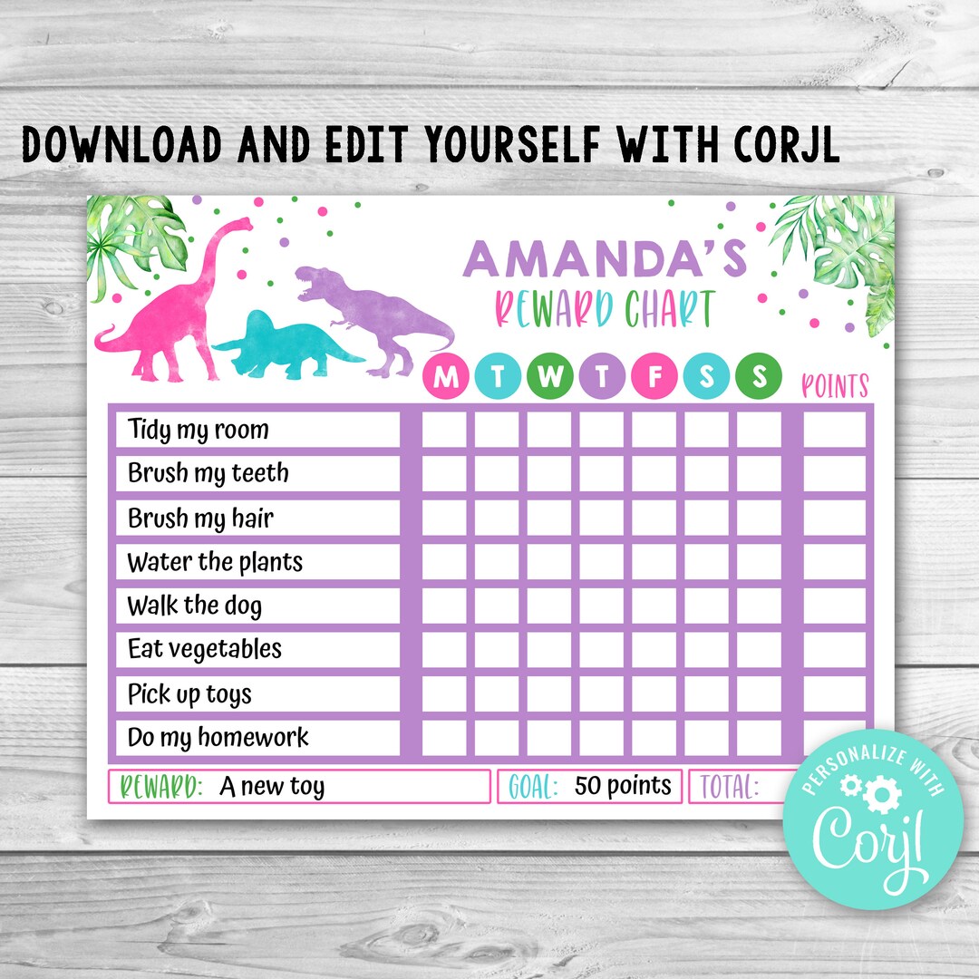 Editable Dinosaur Reward Chart for Kids, Girl Dinosaur Routine Chart ...