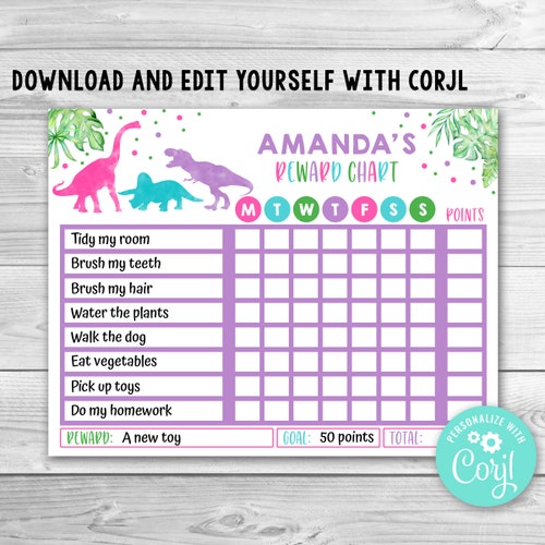 Editable Dinosaur Reward Chart for Kids Girl Dinosaur Routine - Etsy