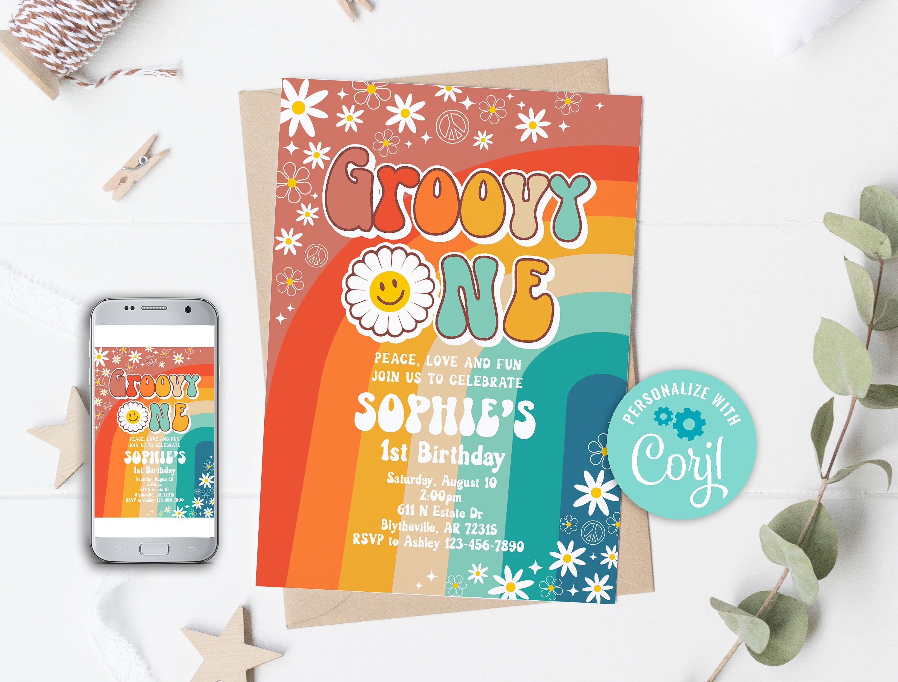 Editable Groovy One Birthday Party Invitation Daisy Hippie 70's Retro ...