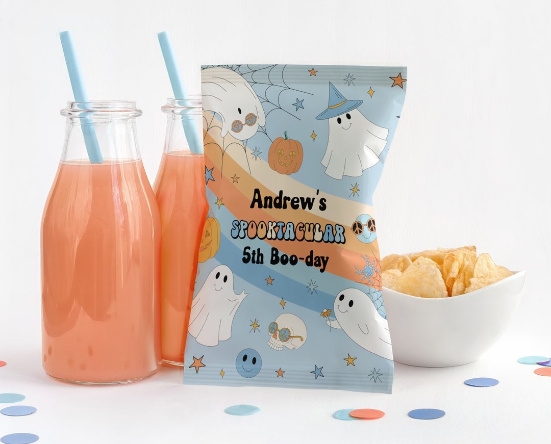 EDITABLE Spooky Halloween Ghost Chip Bag Wrapper Labels Retro Groovy ...