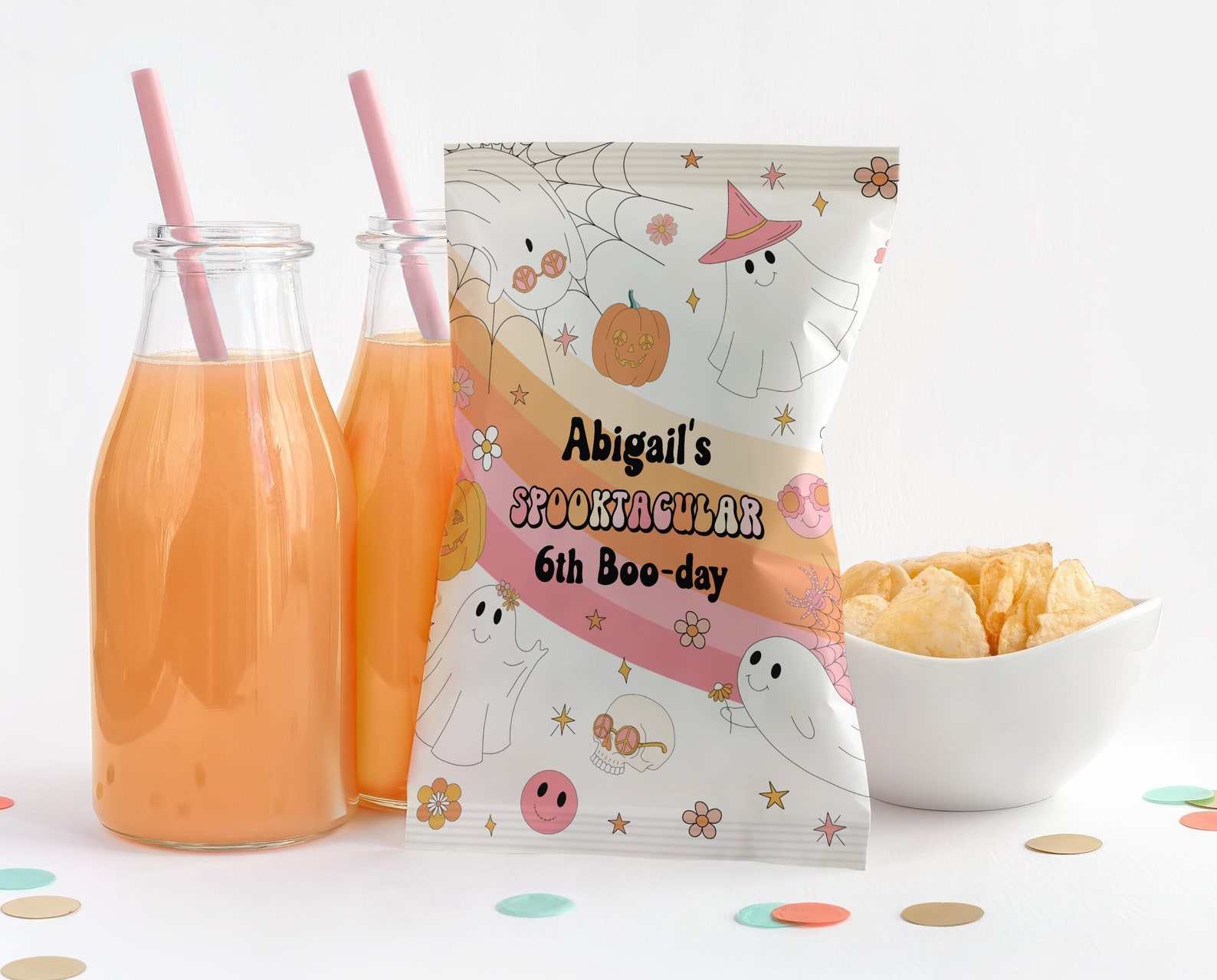 EDITABLE Spooky Halloween Ghost Chip Bag Wrapper Labels Retro Groovy ...