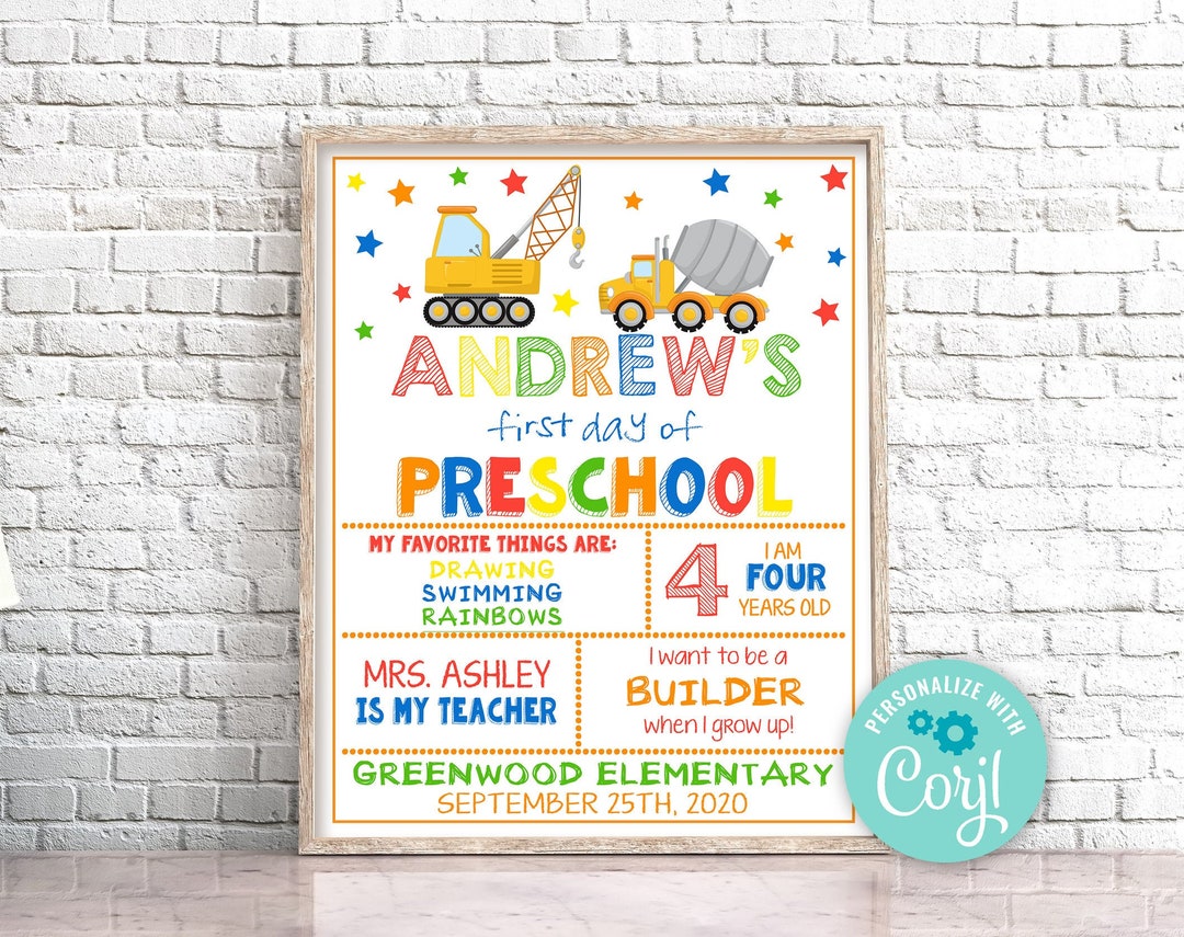 Editable First Day of Preschool Sign, Dump Truck First Day of School ...