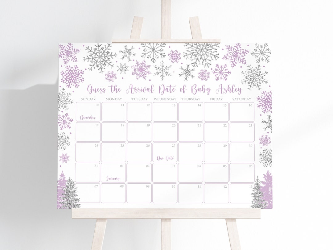 Editable Snowflake Guess Baby Due Date Calendar Purple Snowflakes Guess ...