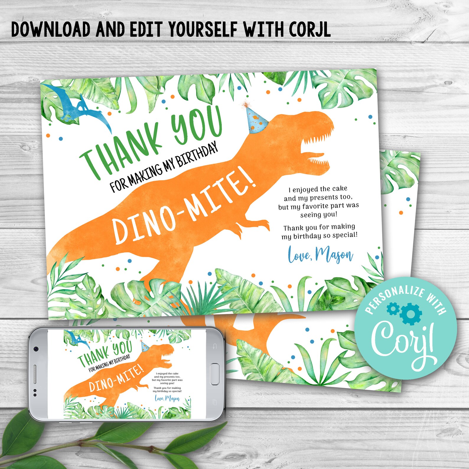 EDITABLE Watercolor Dinosaur Thank You Card, Dinosaur Birthday Thank ...