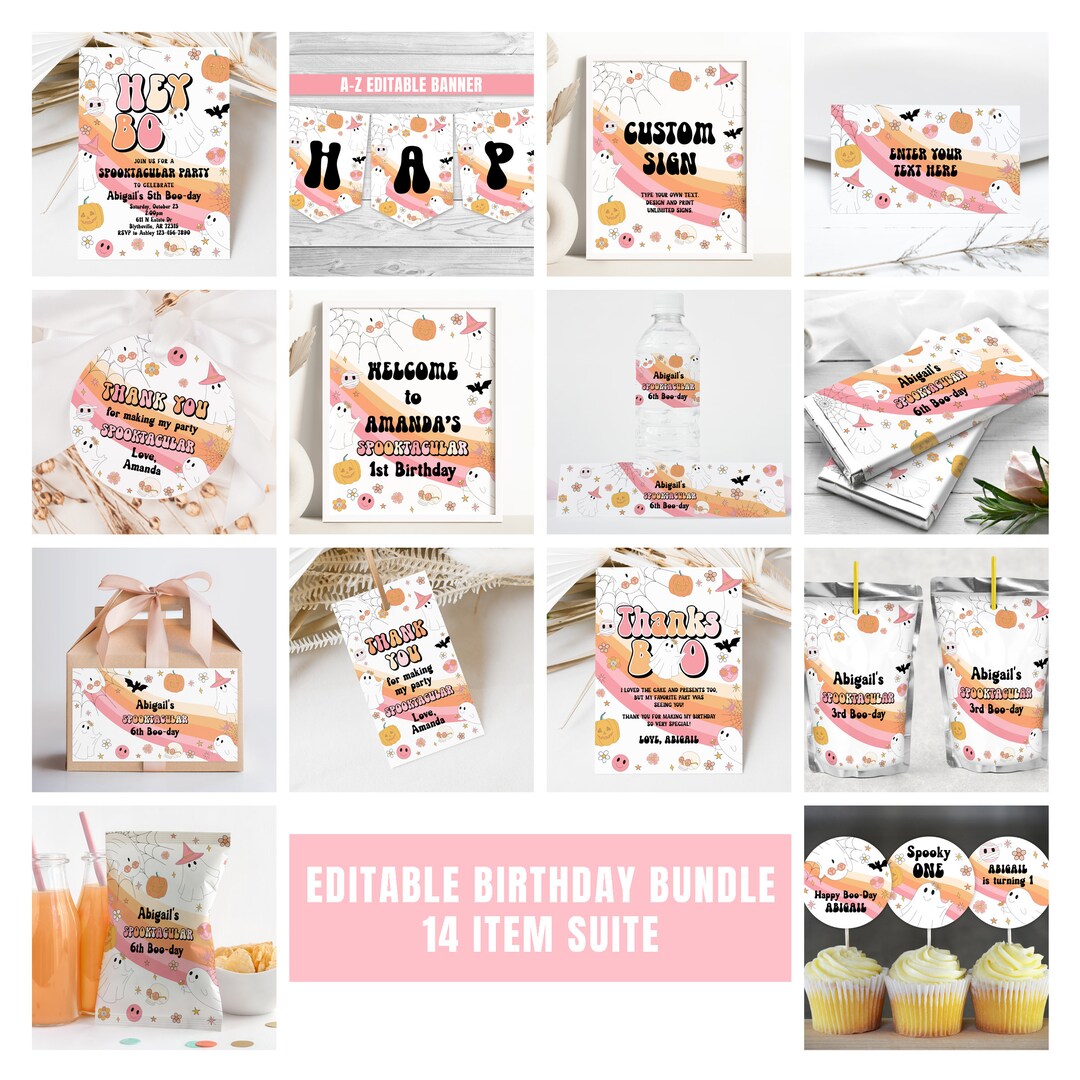 EDITABLE Halloween Birthday Invitation and Bundle Retro Groovy Ghost ...