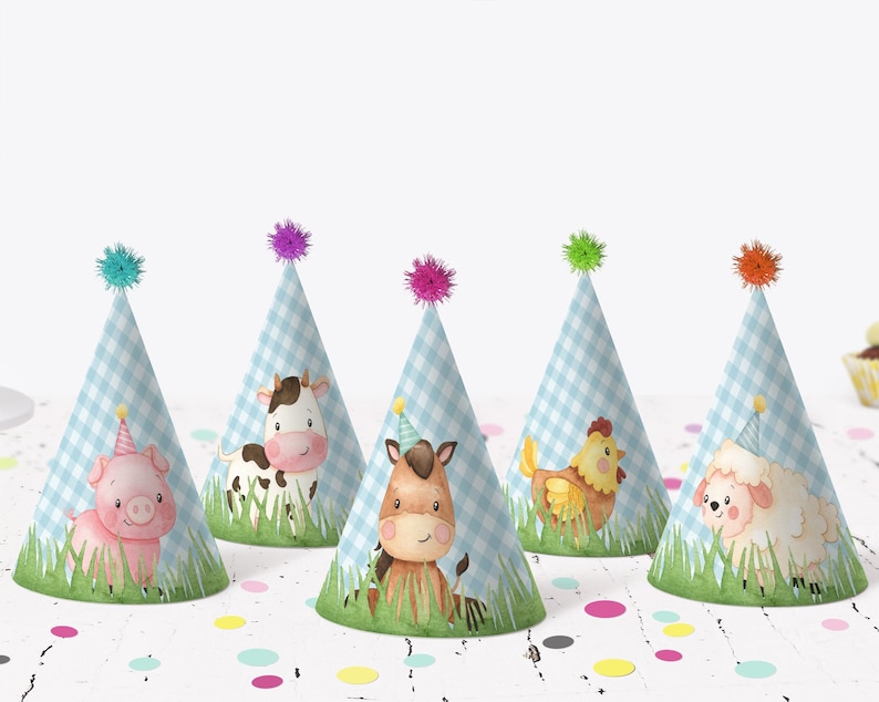 Farm Printable Birthday Party Hats Blue Farm Animals Party Hats Farm ...
