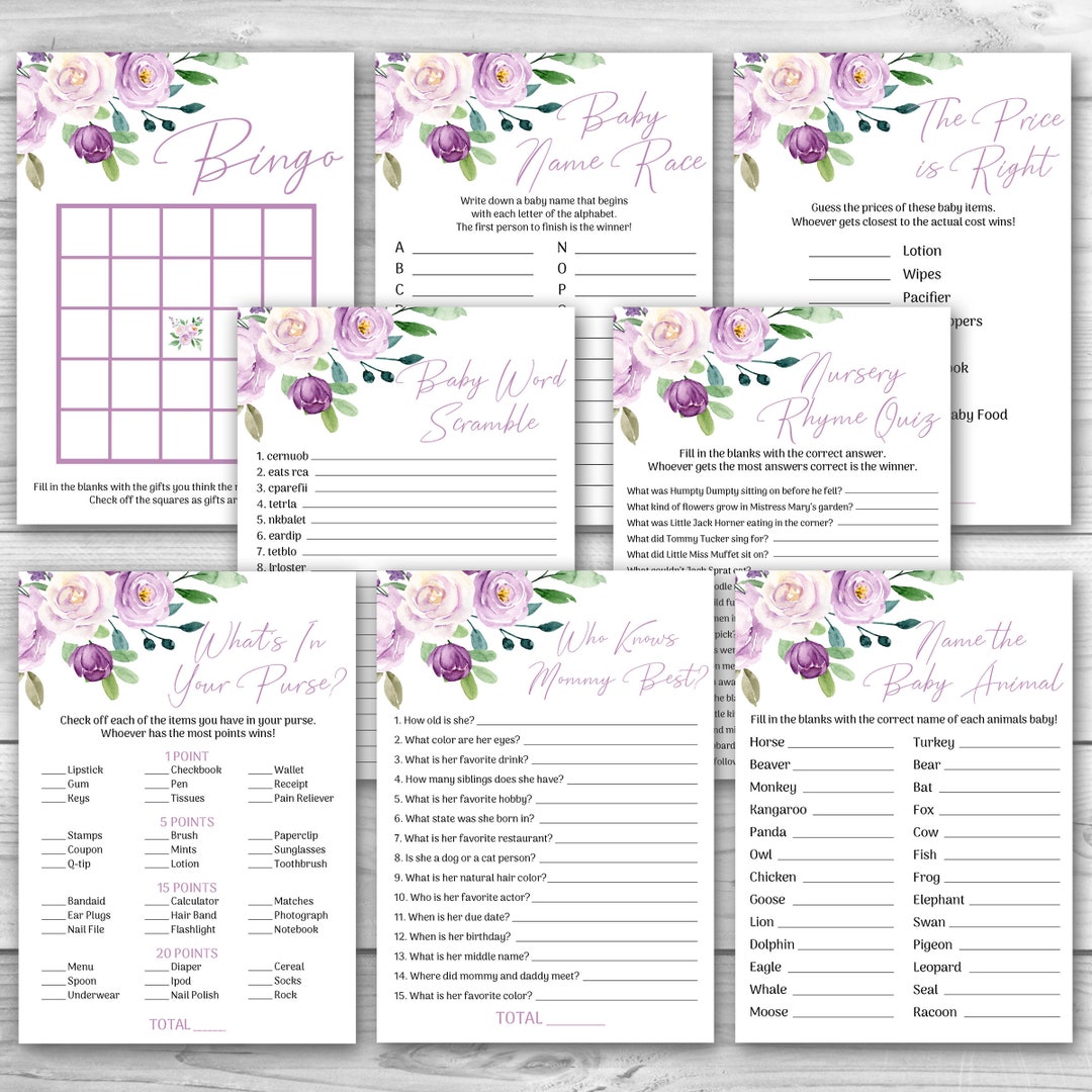 Girl Floral Baby Shower Game Package, 8 Printable Purple Floral Baby ...