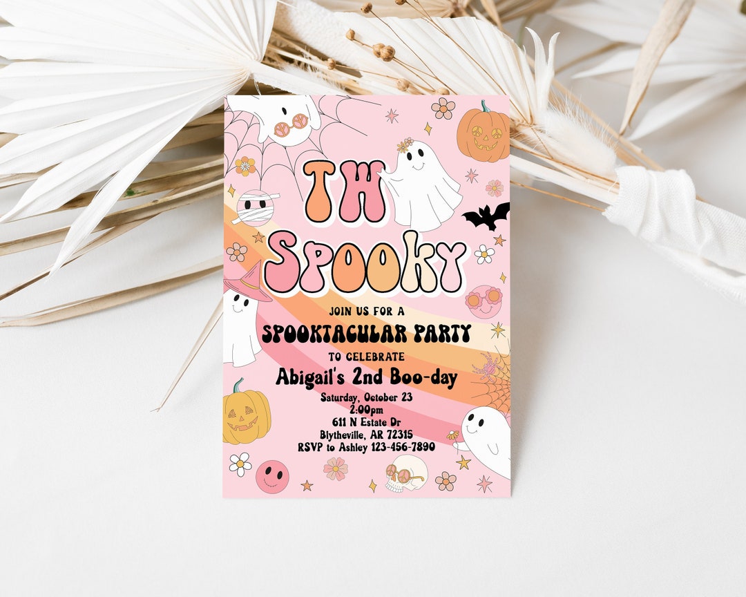Editable Two Spooky Halloween Birthday Invitation Pink Retro Groovy Rainbow Ghost Birthday ...