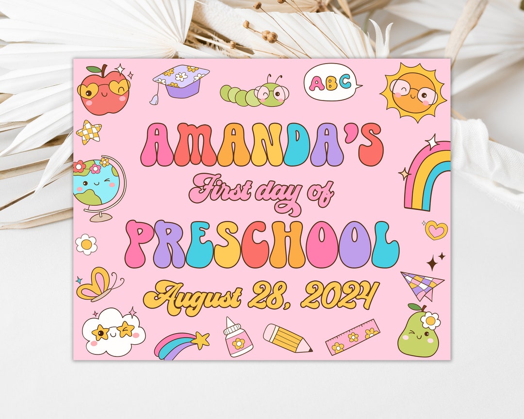 Editable First Day of Preschool Sign Girly Groovy First Day of School ...
