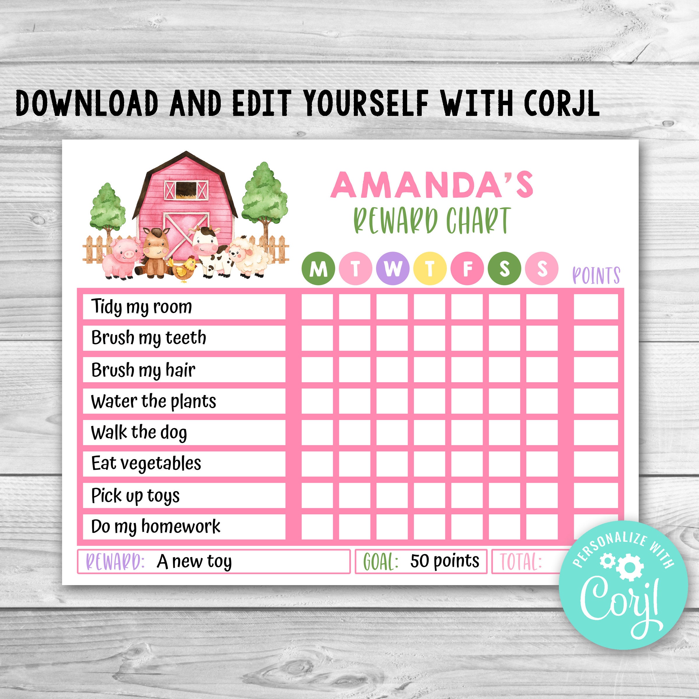 Editable Farm Animals Reward Chart for Kids, Girl Farm Routine Chart ...
