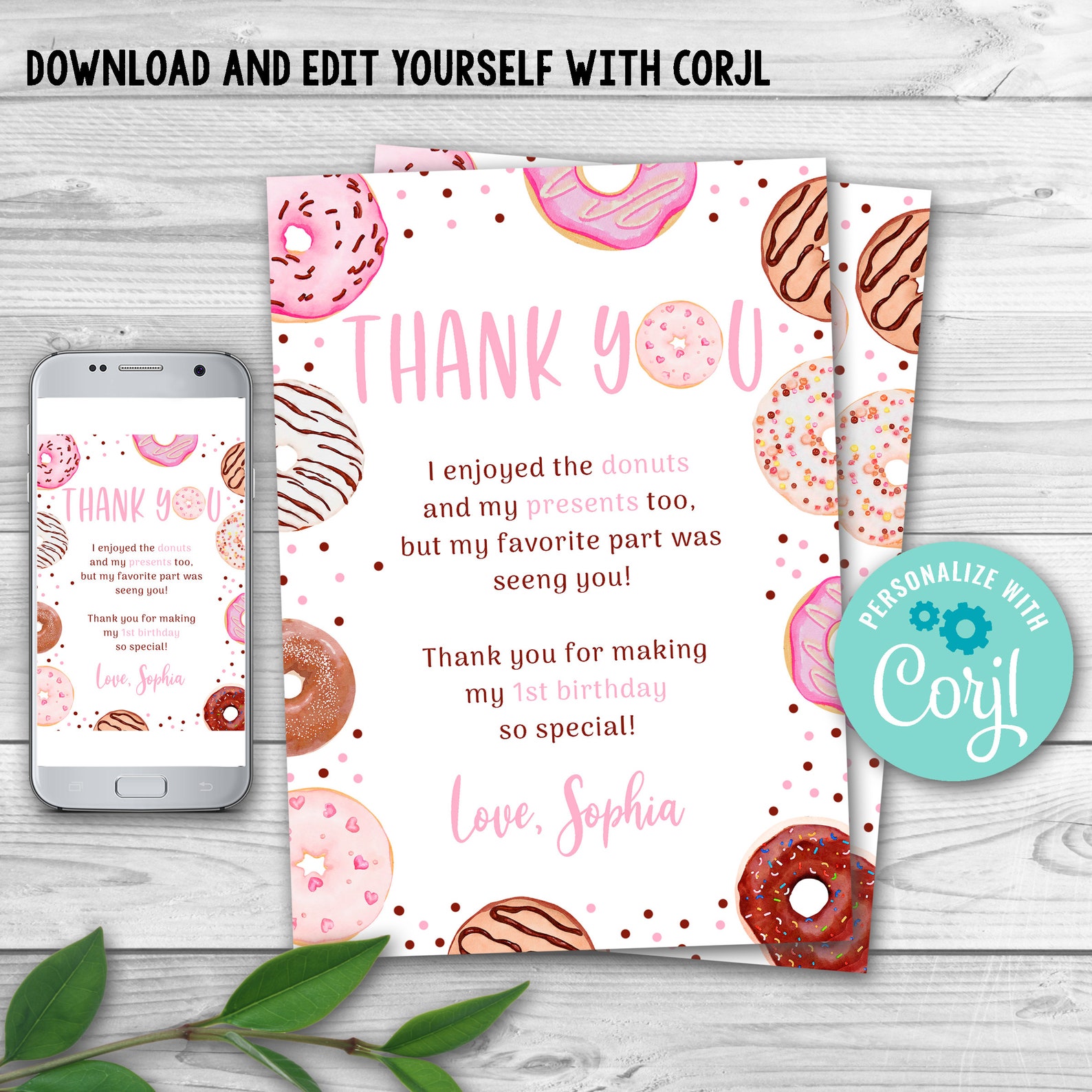 Editable Donut Thank You Card Pink Donut Birthday Party Thank - Etsy