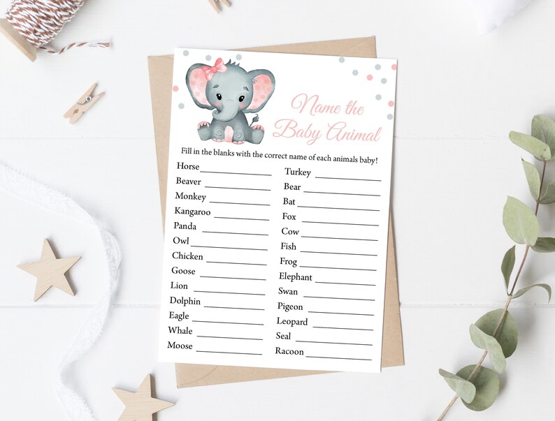 Pink Elephant Name the Baby Animal Baby Shower Game Girl - Etsy