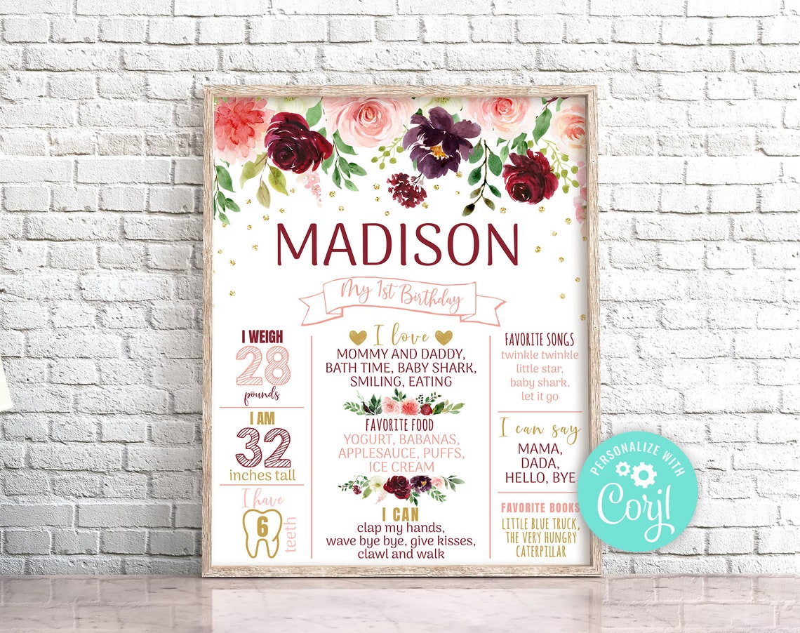 Editable Burgundy Pink Floral Milestone Birthday Poster | Etsy