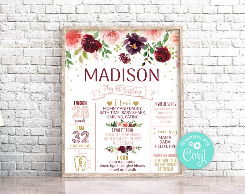 Editable Burgundy Pink Floral Milestone Birthday Poster | Etsy