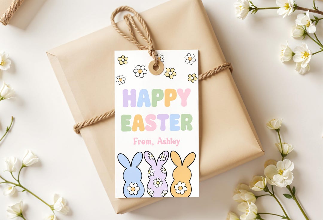 EDITABLE Happy Easter Pastel Rainbow Bunny Gift Tag Easter Friend ...