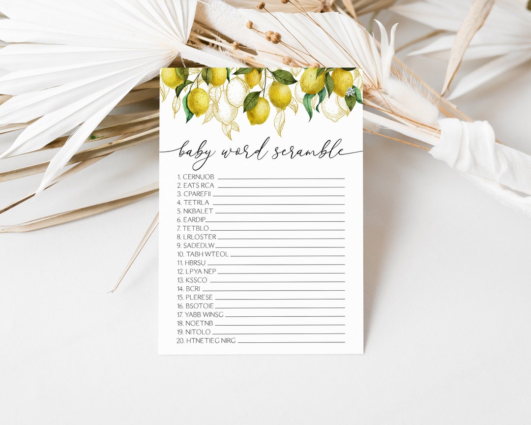 Lemon Word Scramble Baby Shower Game Citrus Baby Word Scramble Game ...