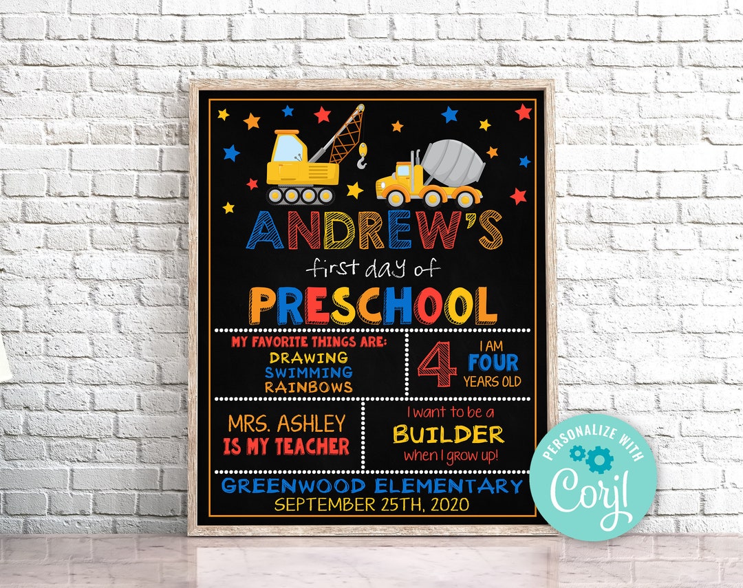 Editable First Day of Preschool Sign, Dump Truck First Day of School ...