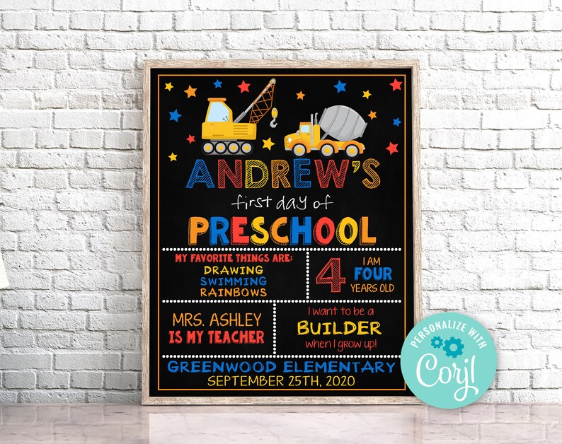 Editable First Day of Preschool Sign, Dump Truck First Day of School ...